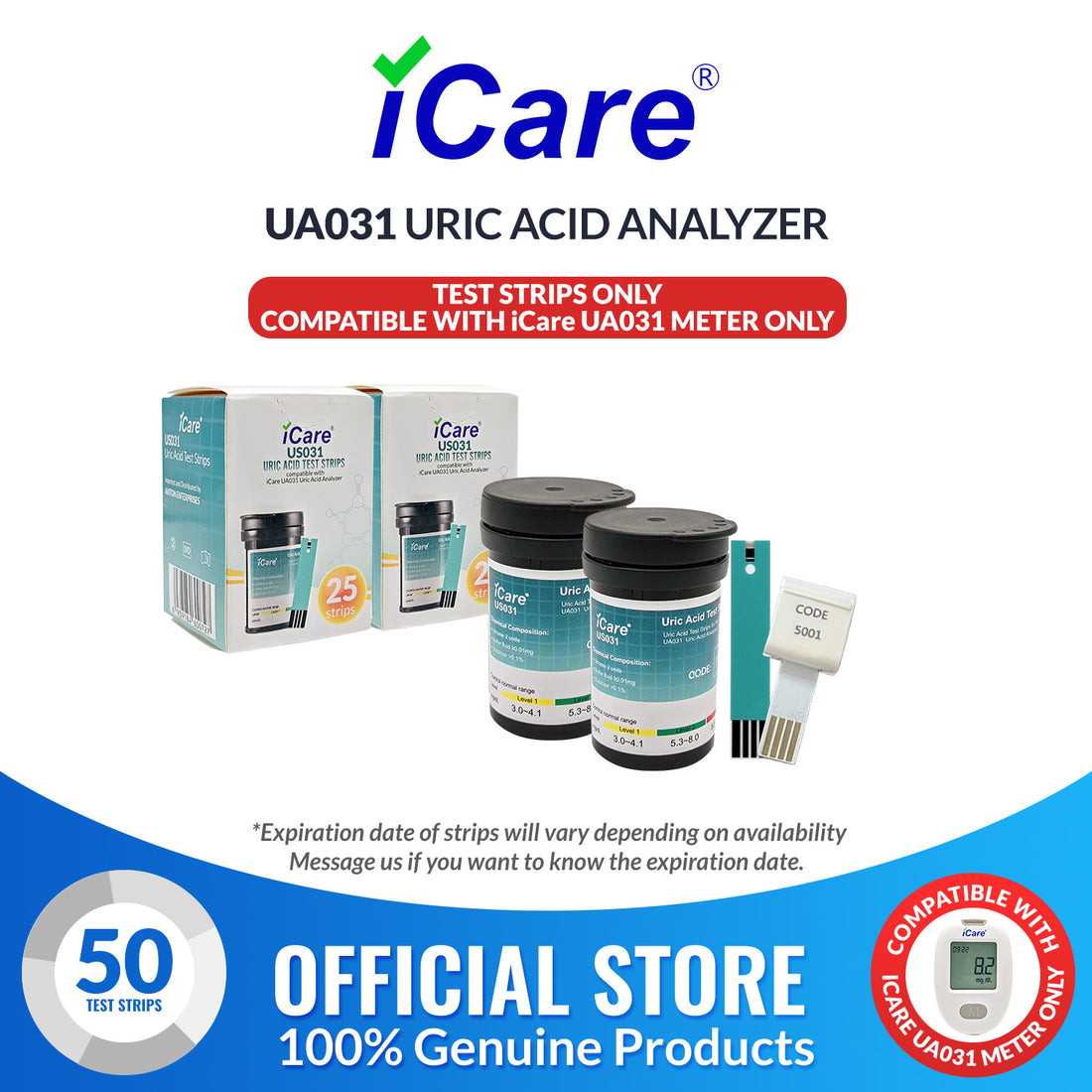 iCare Uric Acid Test Strips for iCare UA031 Uric Acid Analyzer 50pcs T ...