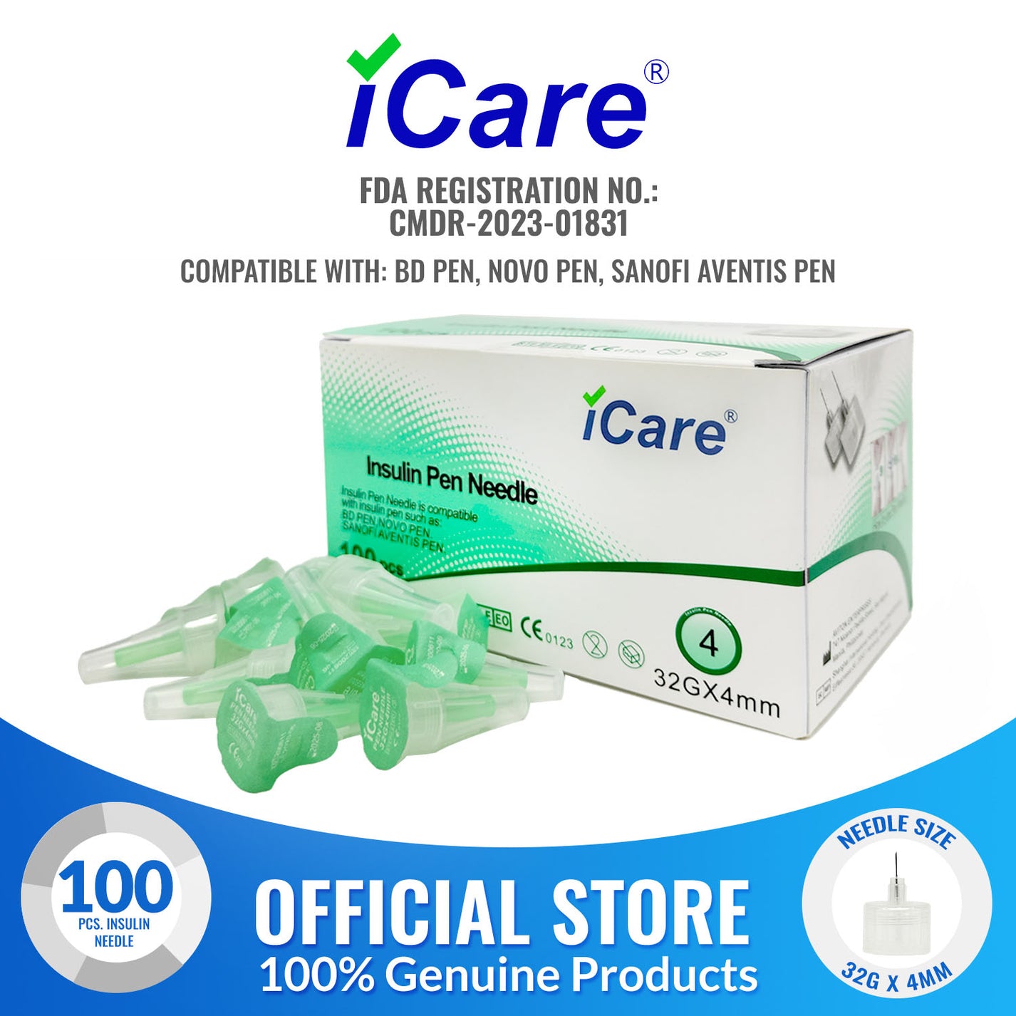iCare® Insulin Pen Needle 100pcs. (32G x 4mm) – iCare Philippines