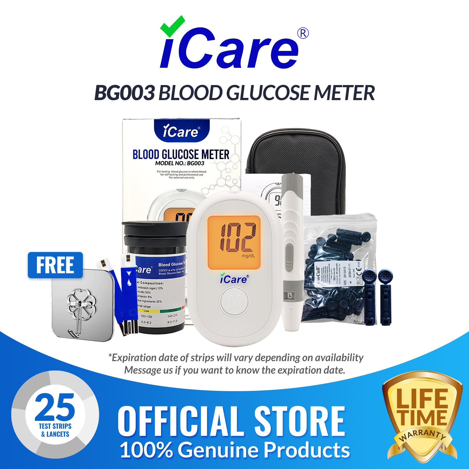 iCare BG003 Blood Glucose Monitor Complete set + 25pcs Test Strips & 2 ...